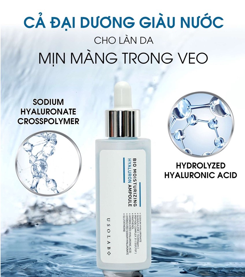 Serum HA Usolab Hyaluron Ampoule hỗ trợ giúp dưỡng da căng bóng